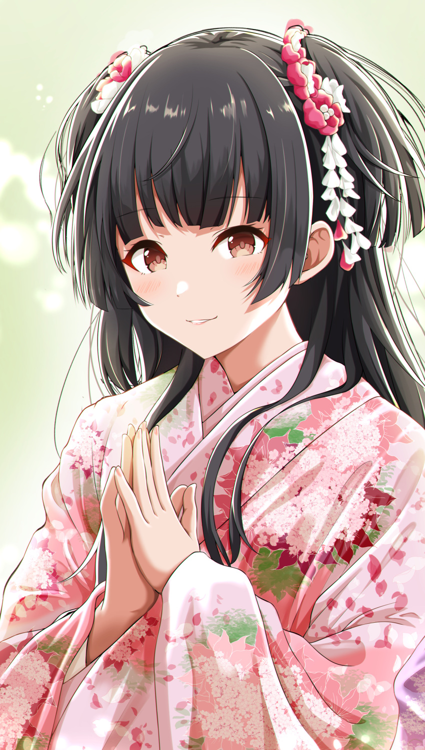 Safebooru - 1girl absurdres black hair blunt bangs blush breasts brown eyes dot nose floral ...
