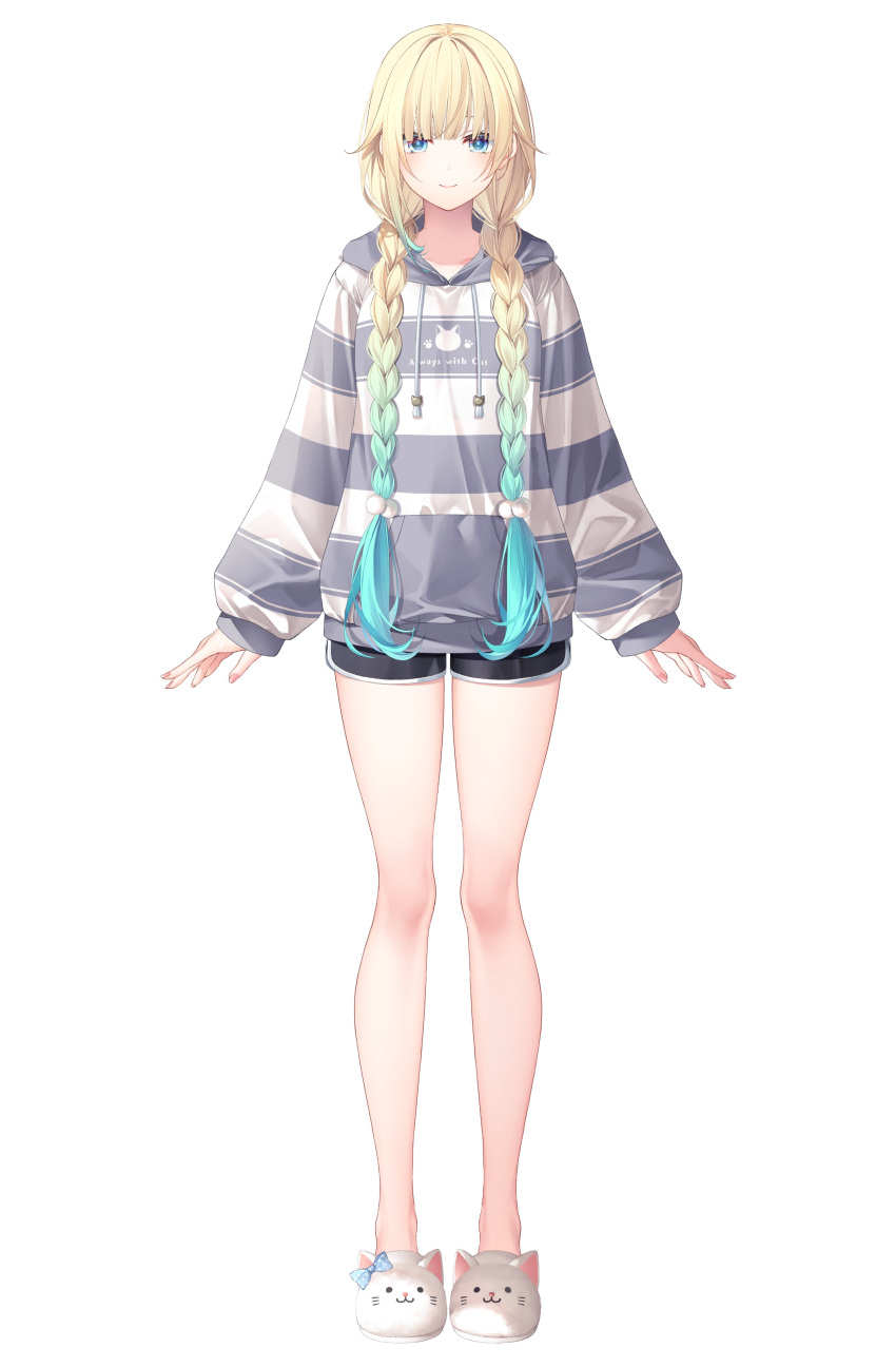 Safebooru - 1girl absurdres aizawa ema animal slippers aqua hair black shorts blonde hair blue ...