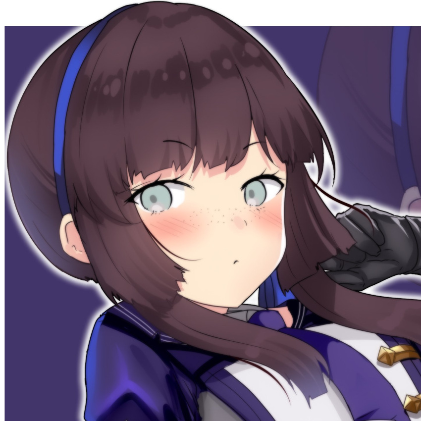 Safebooru - 1girl black hair blonde hair blue necktie blue ribbon blue shirt blush freckles grey ...