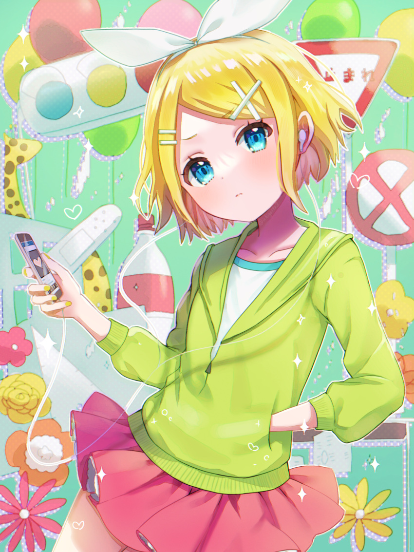 Safebooru - 1girl balloon bandaid blonde hair blue eyes blush bottle bow cellphone closed mouth ...