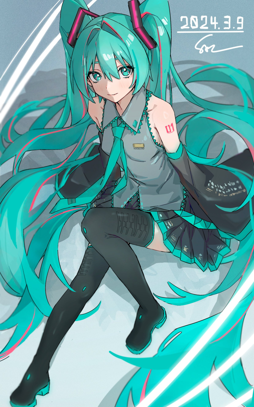 Safebooru - 1girl absurdly long hair absurdres aqua eyes aqua hair aqua necktie black footwear ...