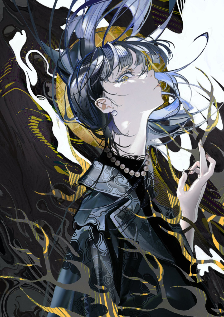 Safebooru - 1girl bead necklace beads black hair black jacket black nails commentary floating ...