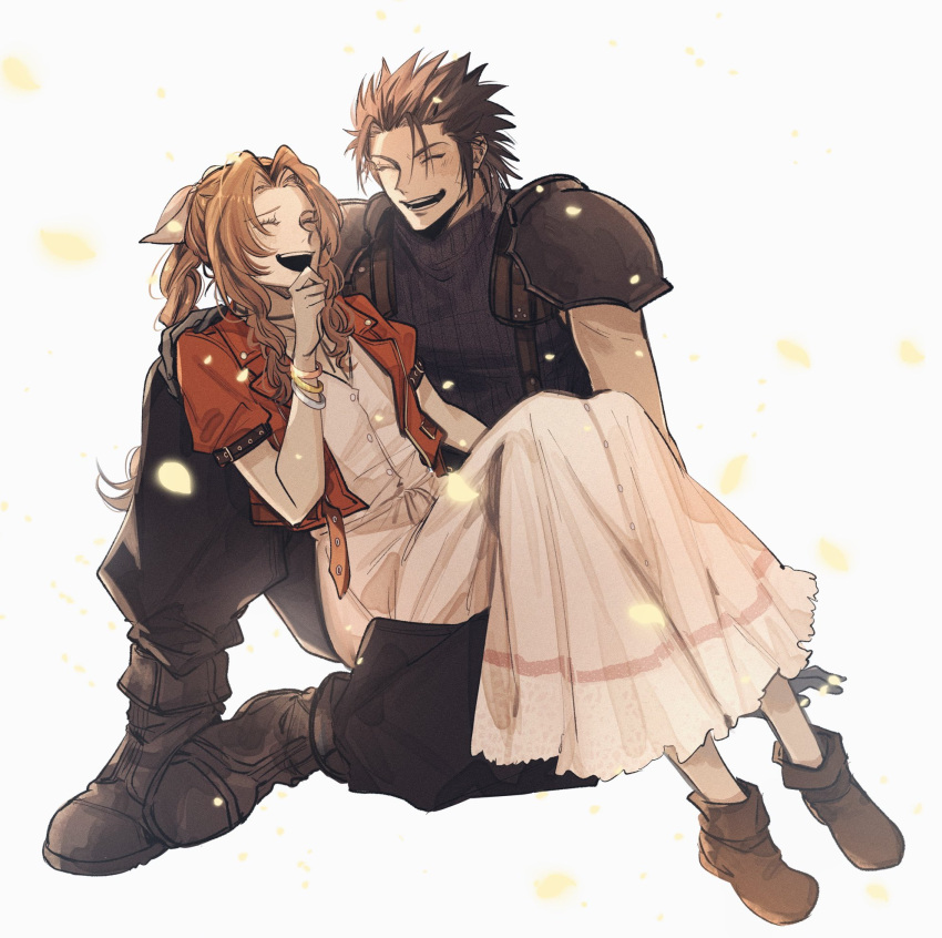 Safebooru - 1boy 1girl aerith gainsborough armor baggy pants bangle black footwear black hair ...
