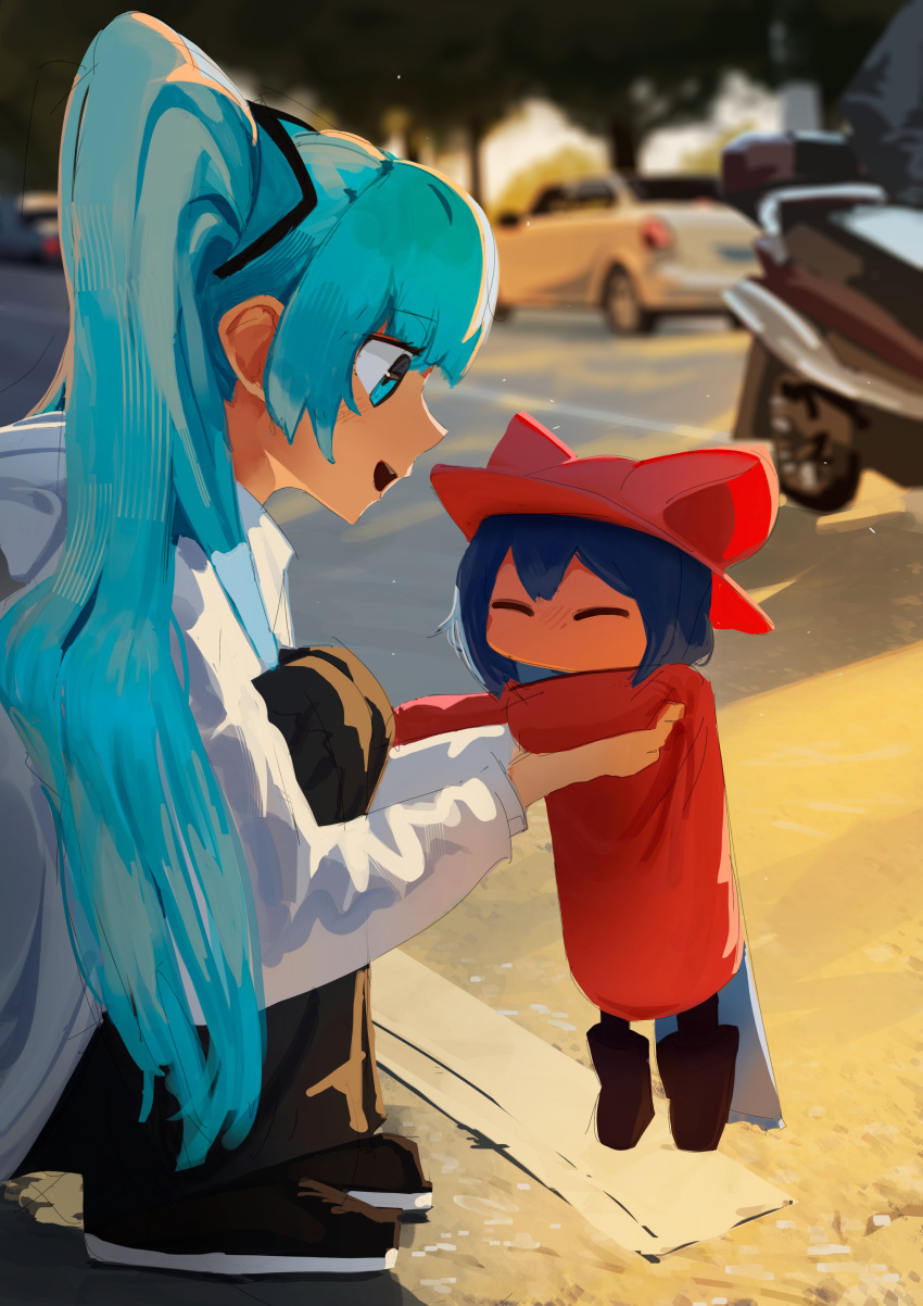 Safebooru - 1girl 1other ^ ^ absurdres androgynous animal animal ear headwear animal hat aqua ...