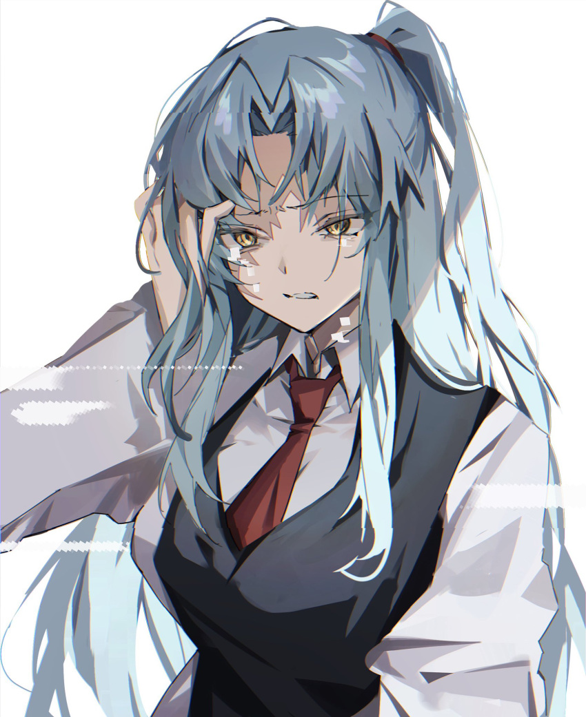 Safebooru - 1girl angela (project moon) black jacket blue hair breasts coat highres jacket lab ...