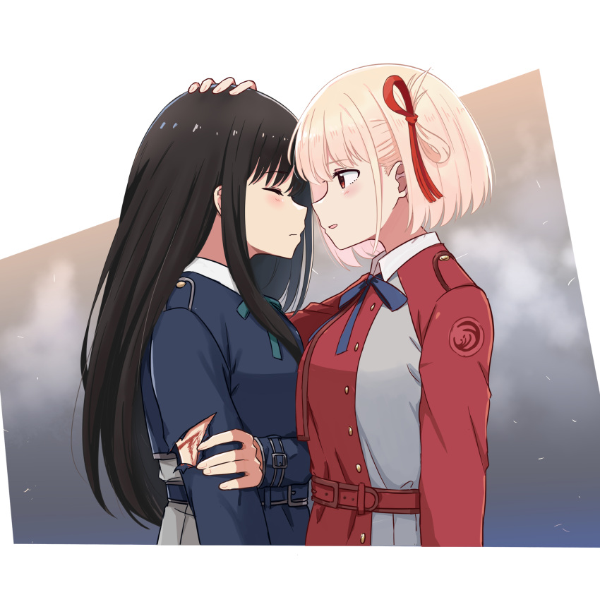 Safebooru - 2girls absurdres belt black hair blonde hair blue belt blue dress blush bob cut chai ...