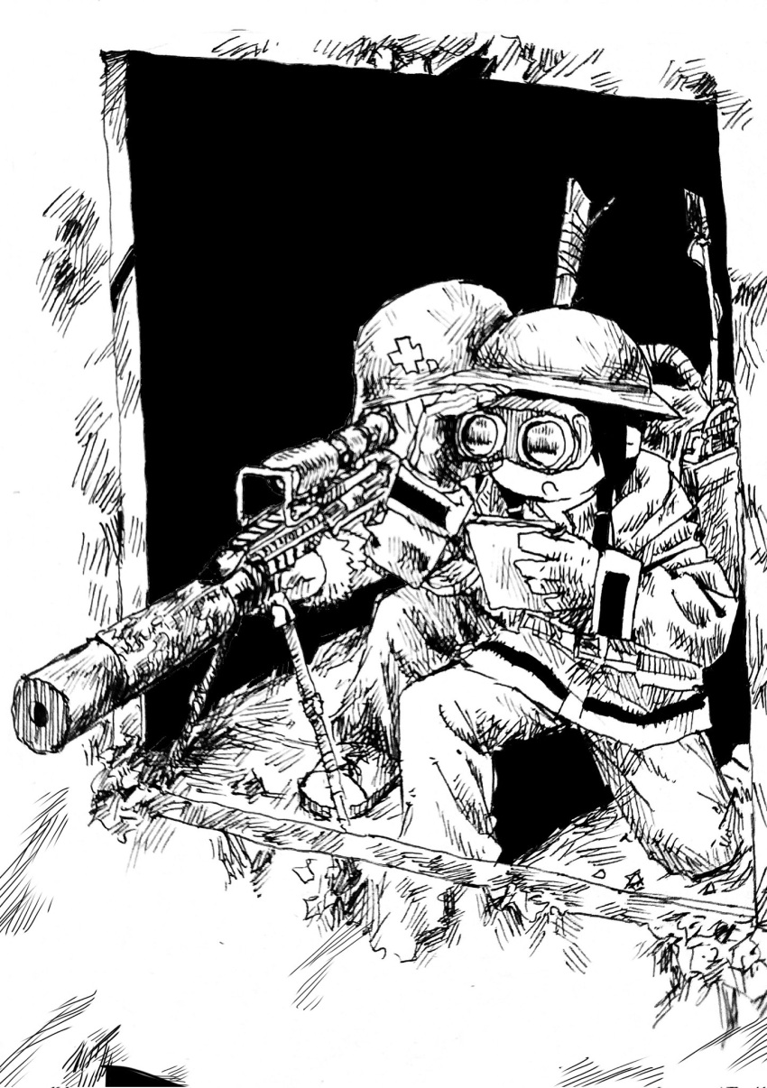 Safebooru - 2girls aiming binoculars bipod brodie helmet chito (shoujo ...