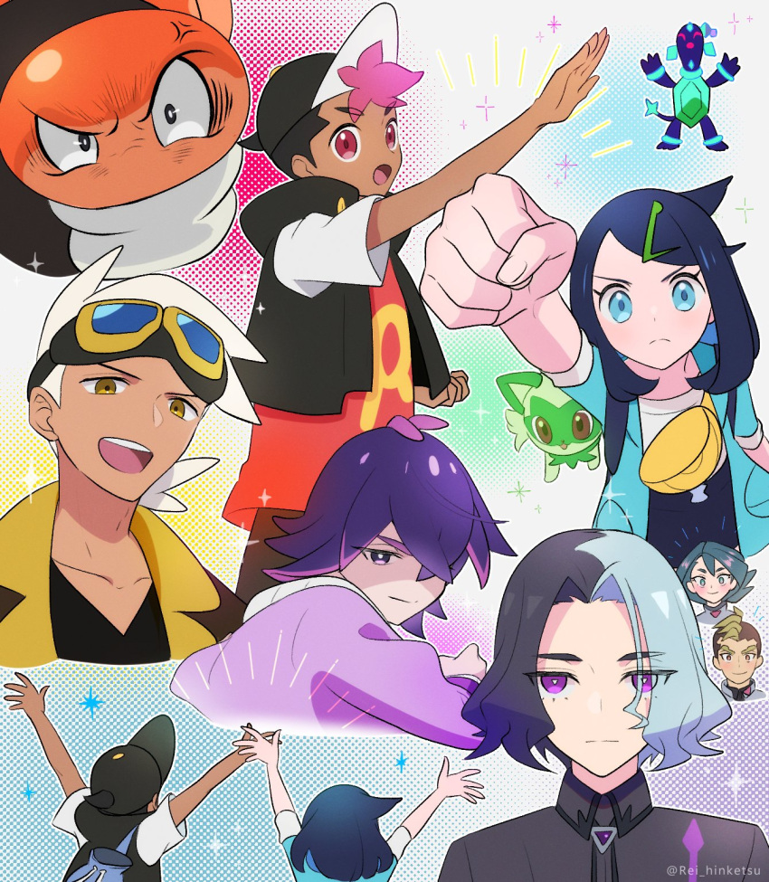 Safebooru - 3girls 4boys :d amethio (pokemon) antenna hair arm up arms ...