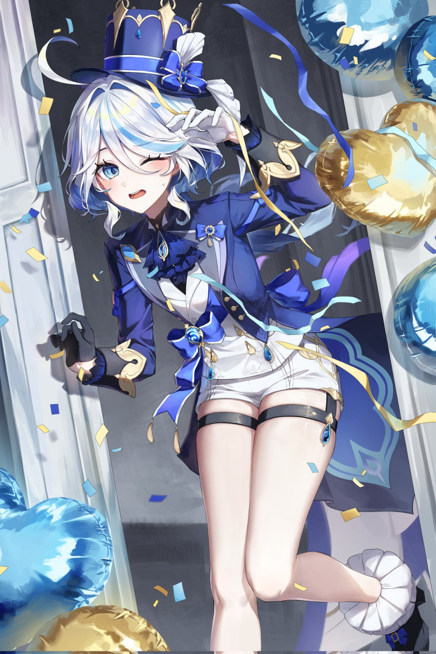 Safebooru - 1girl arm up asymmetrical gloves balloon black gloves blue eyes blue hair blue hat ...