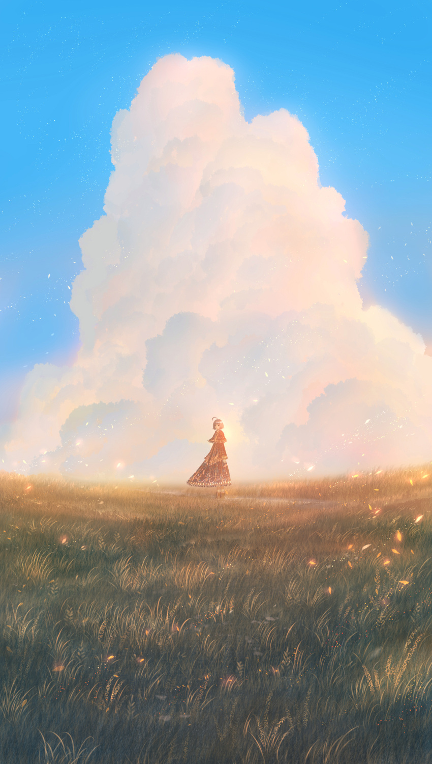 Safebooru - 1girl absurdres ahoge arms at sides black dress black eyes black footwear blue sky ...