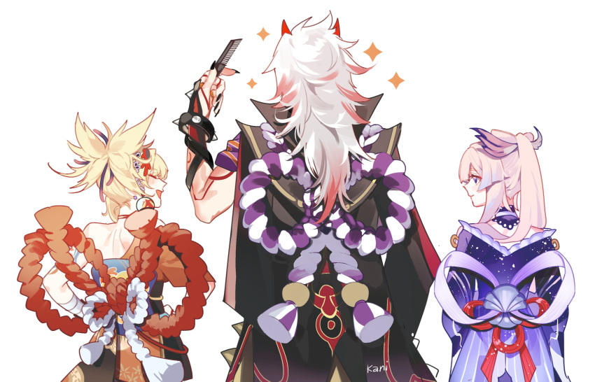 Safebooru - 1boy 2girls :d ^ ^ arataki itto back back bow bangs black ...