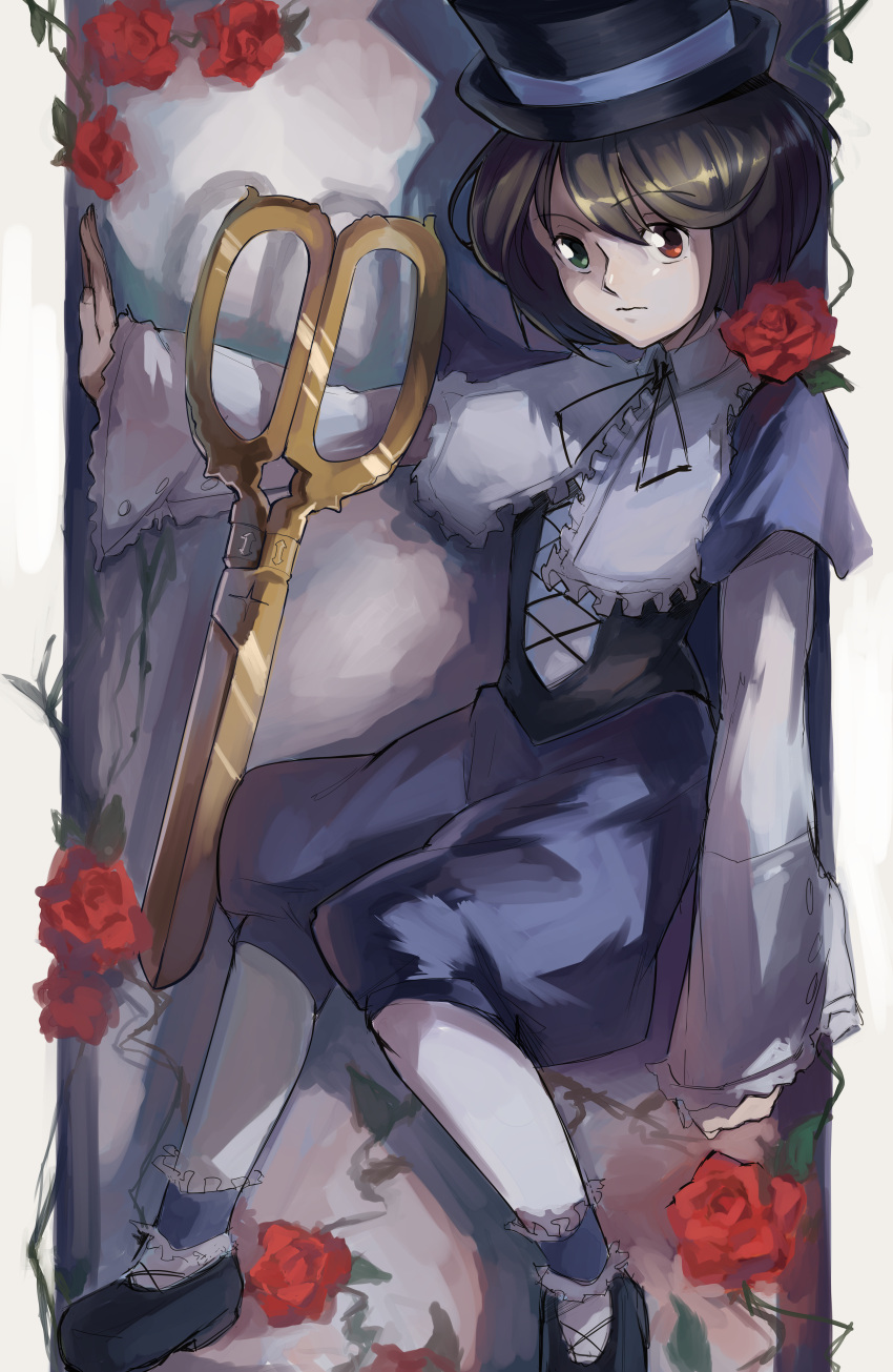 Safebooru - 1girl absurdres black footwear black ribbon brown hair closed mouth flower green ...