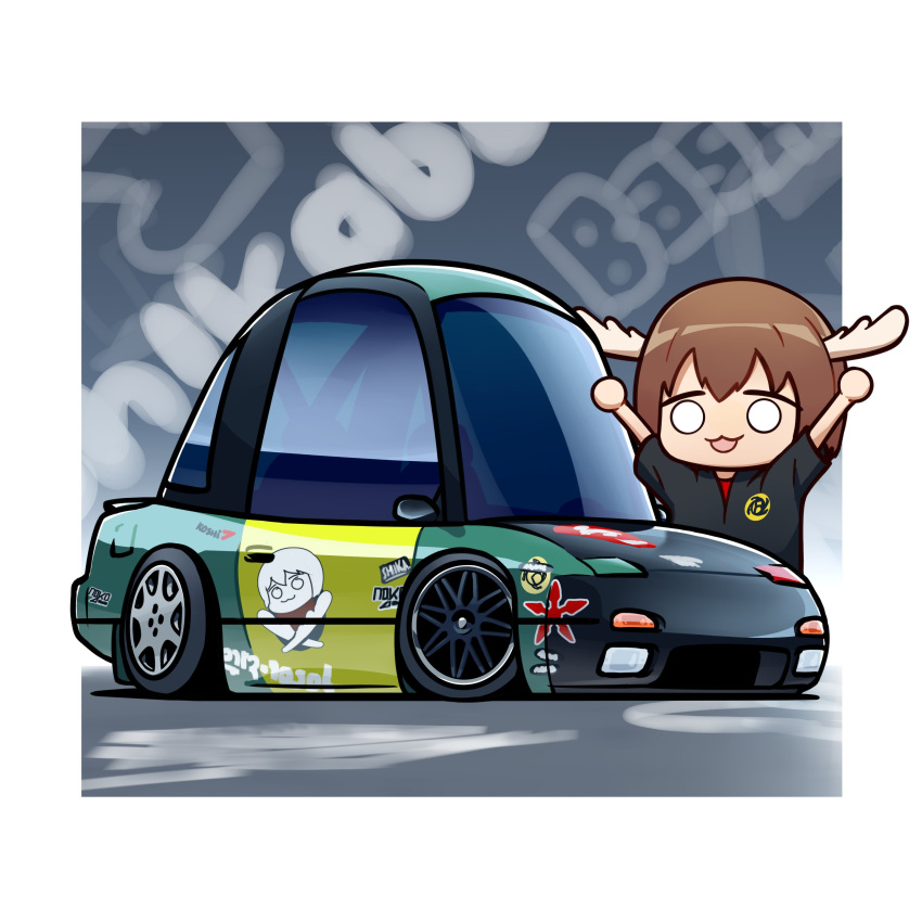 Safebooru - 1girl :3 absurdres black shirt car chibi collared shirt duz ...