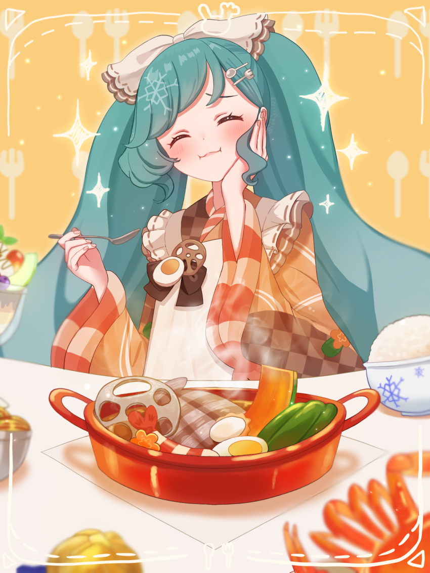 Safebooru - 1girl apron blush bow bowl closed eyes commentary request ...