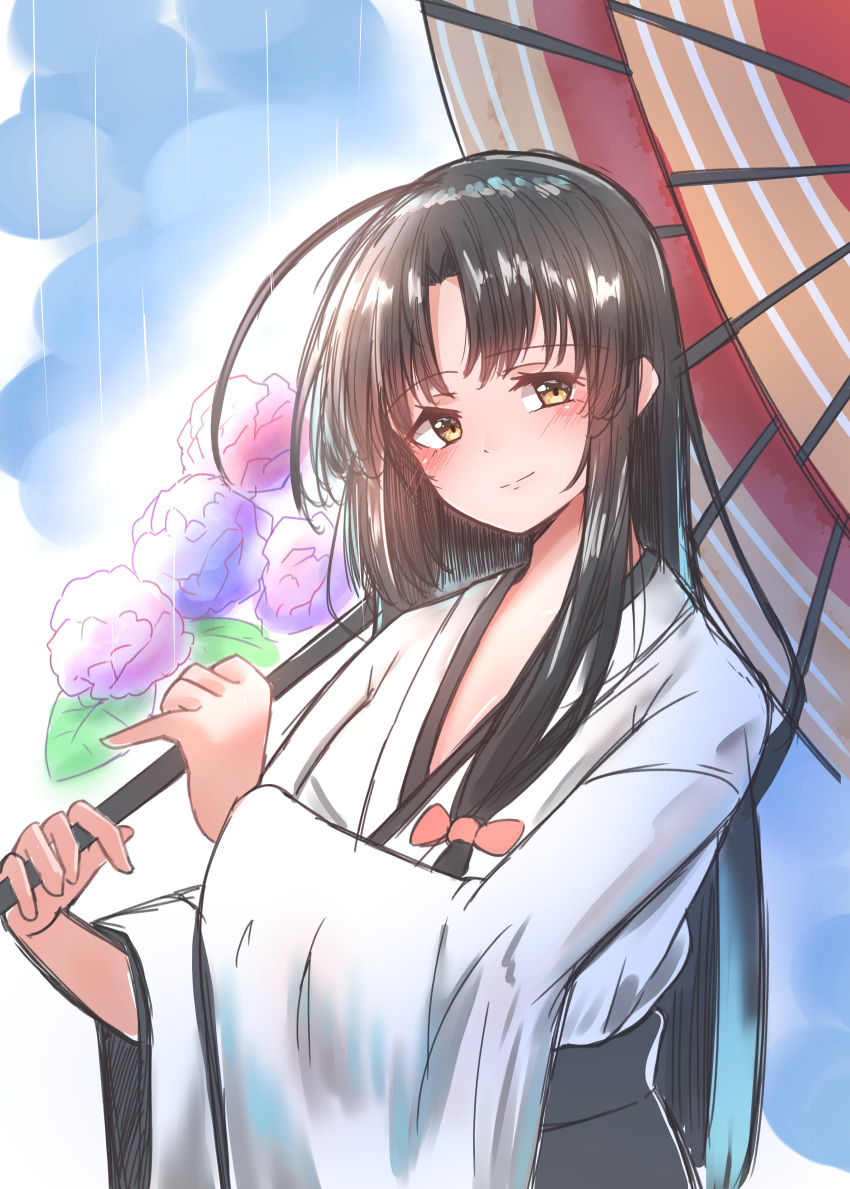 Safebooru - 1girl 702 (naotsu) absurdres ahoge black hair black hakama brown eyes flower hakama ...