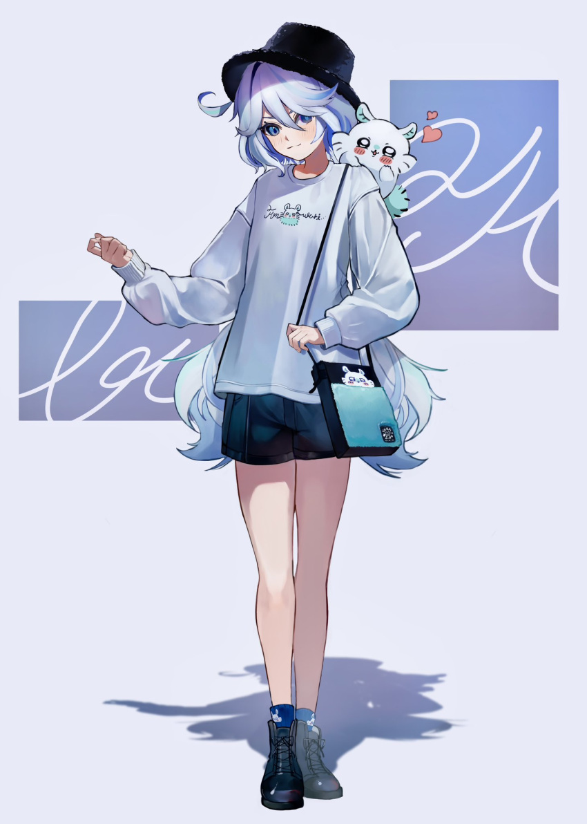 Safebooru - 1girl 1other bag black footwear black hat black shorts blue eyes blue hair full body ...