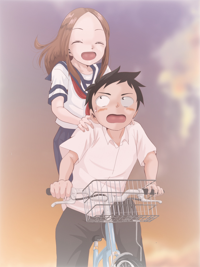 Safebooru - 1boy 1girl absurdres bicycle black hair black pants blue sailor collar blue skirt ...