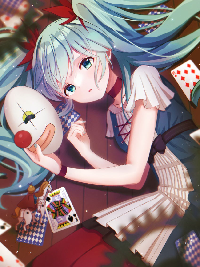 Safebooru - 1girl aqua eyes aqua hair blue eyes blue hair blue nails card choker clown mask ...