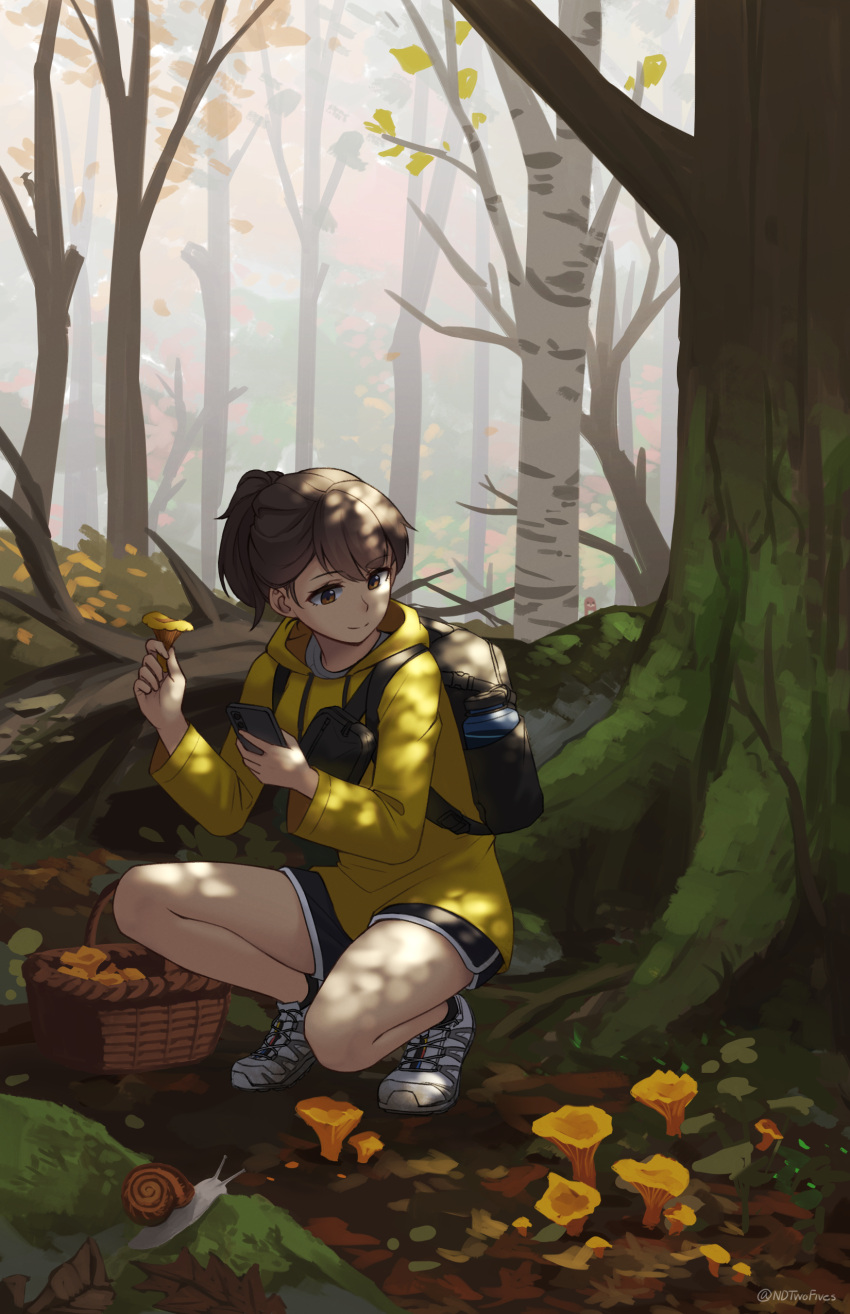 Safebooru - 1girl absurdres animal autumn leaves backpack bag birch tree black shorts black ...