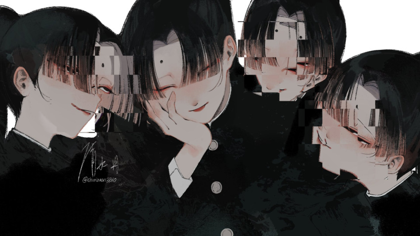 Safebooru - 4boys black hair black jacket buttons closed eyes closed mouth gakuran glitch hand ...