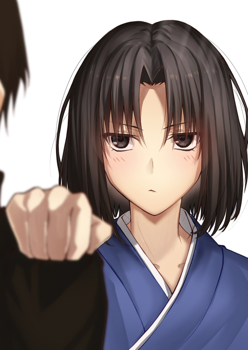 Safebooru - 1boy 1girl black eyes black hair black sweater blue kimono blush closed mouth ...