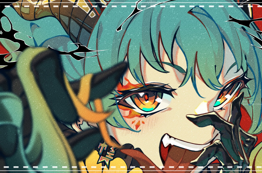 Safebooru - 1girl black fire dashed border dotted line fire gloves gradient hair gradient horns ...