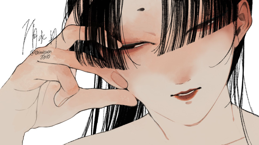 Safebooru - 1boy black eyes black hair commentary fingernails hand up highres hikimayu lips long ...