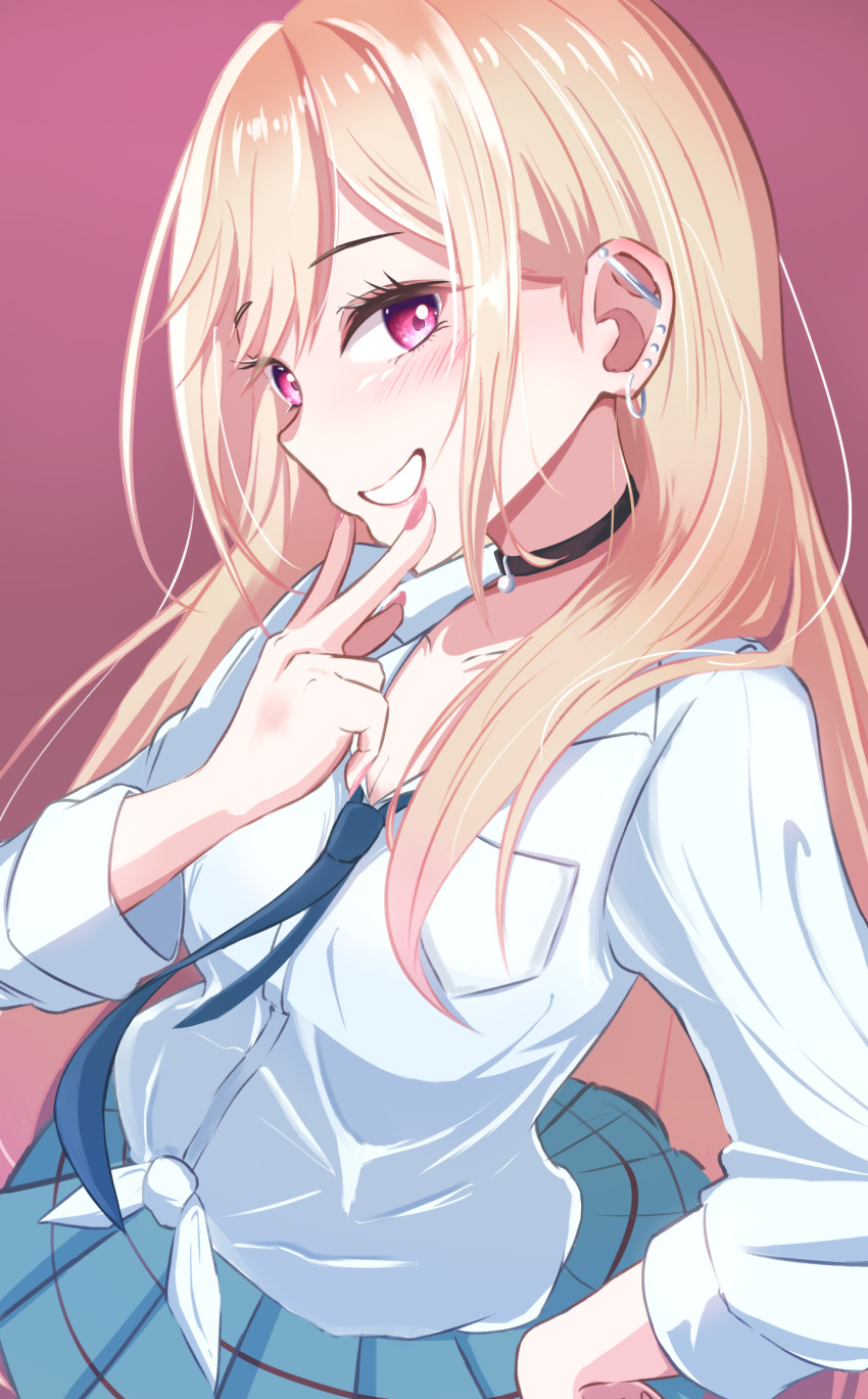 Safebooru - 1girl black choker blonde hair blue necktie blush choker ear piercing earrings ...