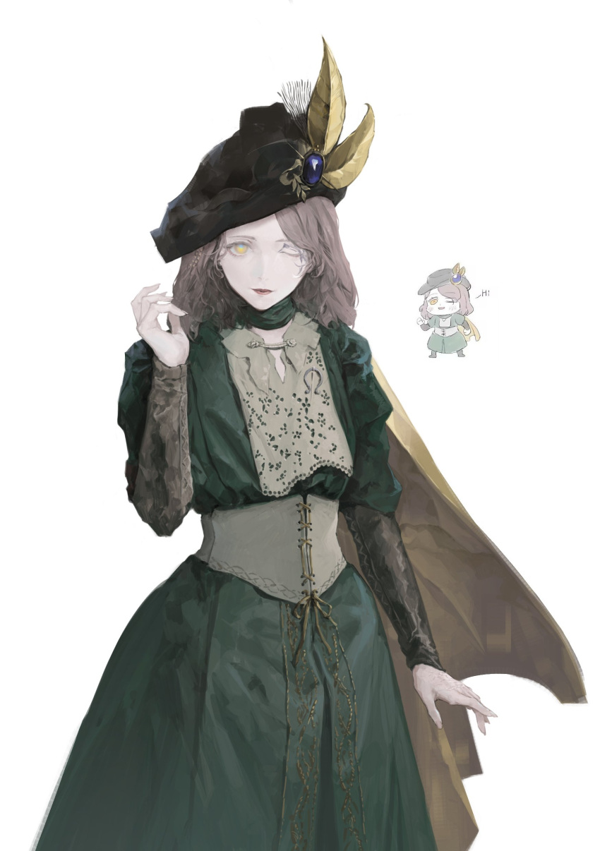 Safebooru - 1girl absurdres alternate costume arm up black hat brown hair cape chibi chibi inset ...