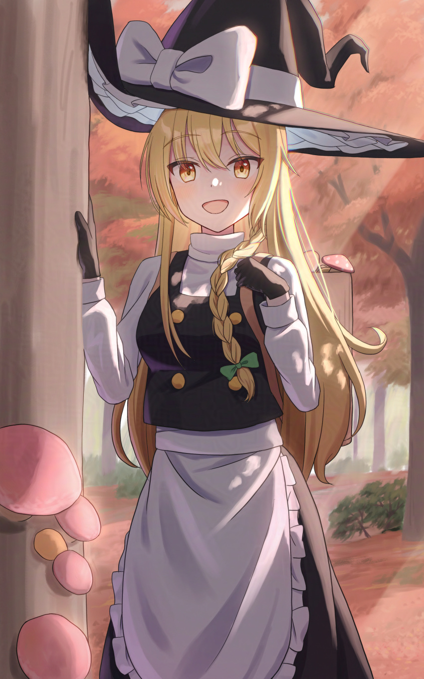 Safebooru - 1girl absurdres apron autumn leaves basket beckody black gloves black vest blonde ...