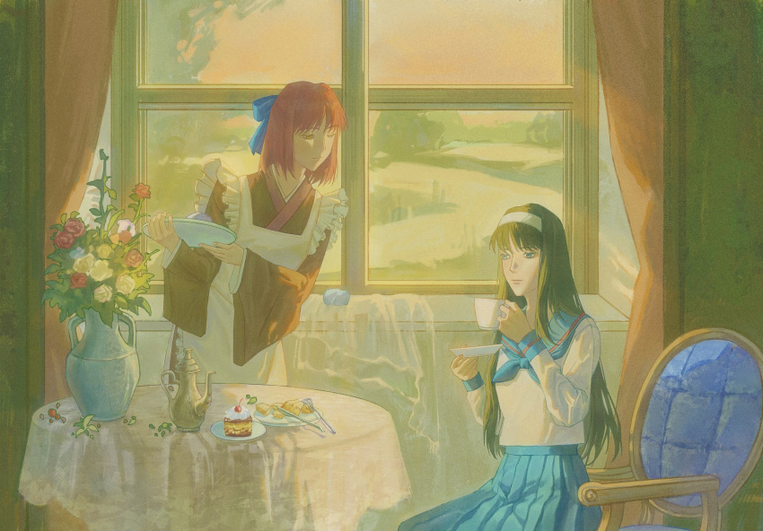 Safebooru - 2girls black hair bouquet cake chair cup food fucha highres ...