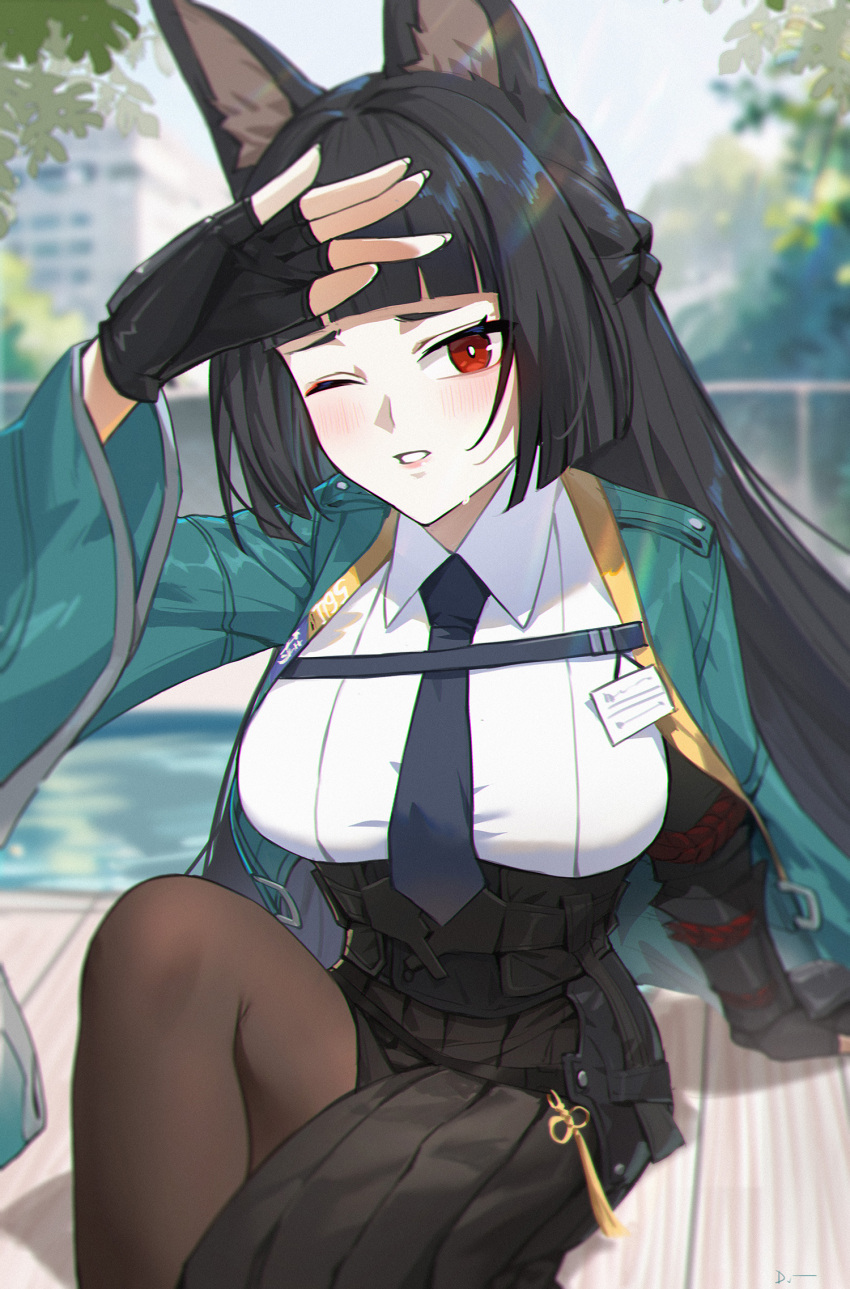 Safebooru - 1girl animal ear fluff black gloves black hair black necktie black pantyhose black ...