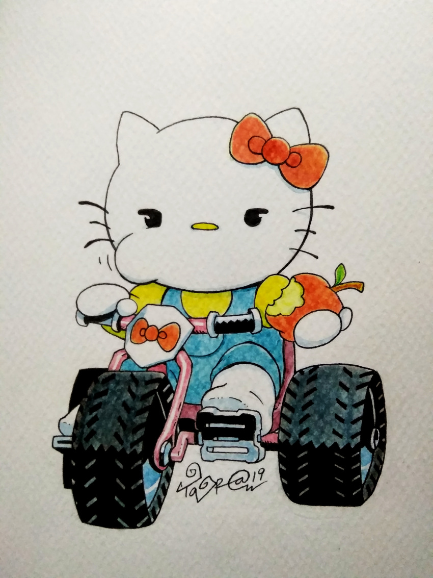 Safebooru - 1girl absurdres apple blue overalls bow chewing food food ...