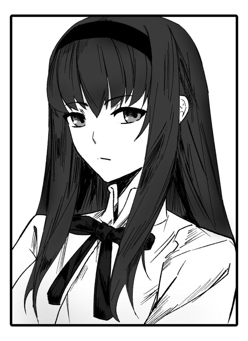 Safebooru - 1girl black hair bow closed mouth greyscale highres long ...