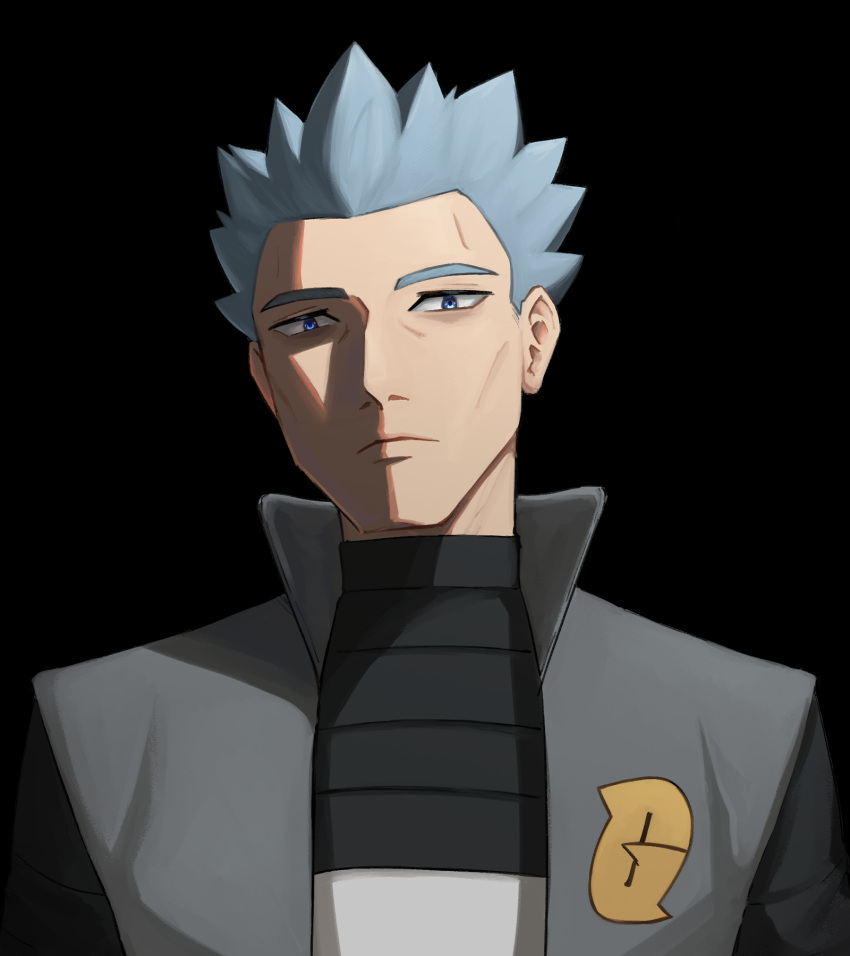 Safebooru - 1boy black background blue eyes blue hair cyrus (pokemon ...