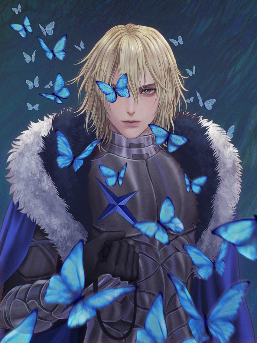 Safebooru - 1boy arm up armor armored gloves black armor black fur ...