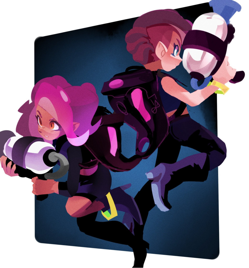 Safebooru - 1boy 1girl agent 8 gun octoling octoling boy octoling girl orange background paint ...