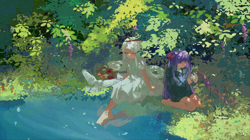 Safebooru - 2girls absurdres aqua eyes bare legs barefoot bow bush dress fern (sousou no frieren ...