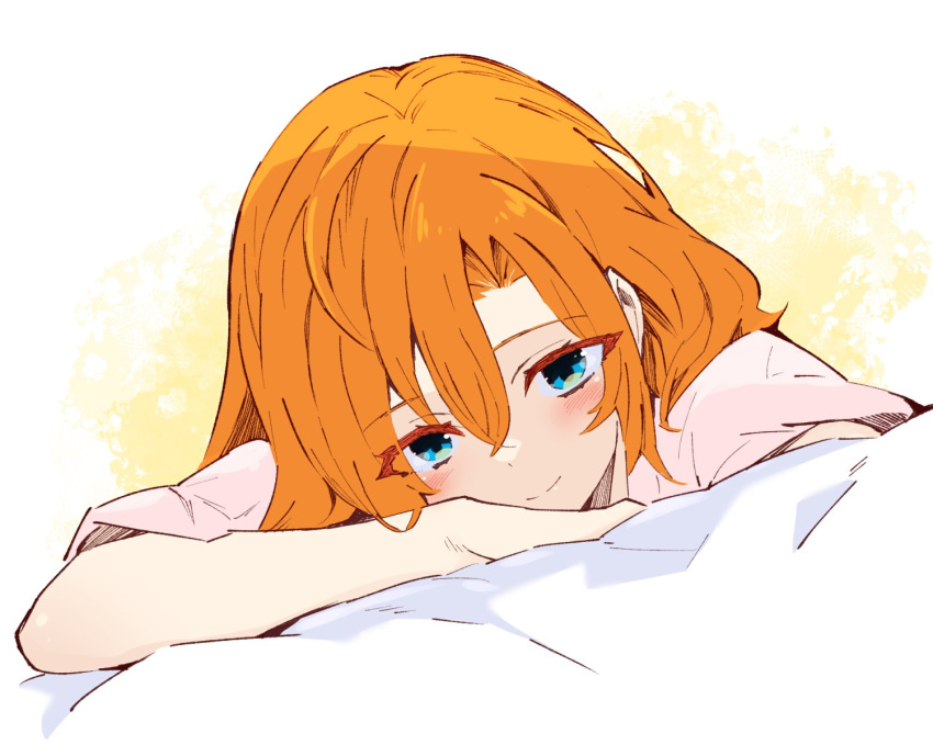 Safebooru - 1girl bed sheet blue eyes blush closed mouth colored eyelashes crossed bangs dot ...