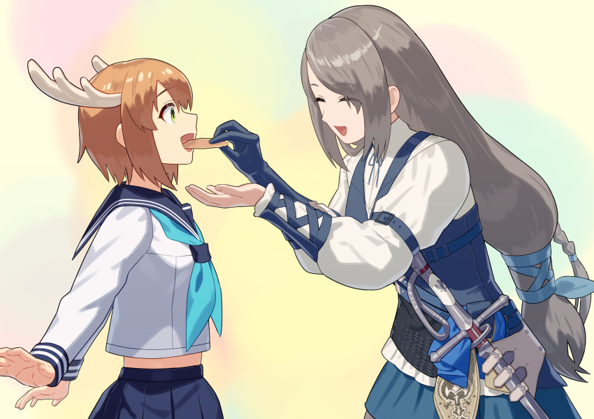 Safebooru - 2girls absurdres antlers blue sailor collar braid brown hair commission deer antlers ...