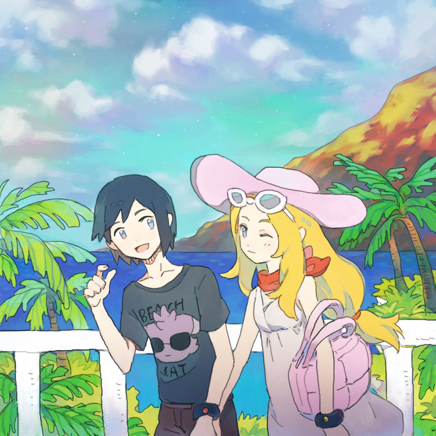Safebooru - 1boy 1girl akaneu black shirt blonde hair blue sky calem ...