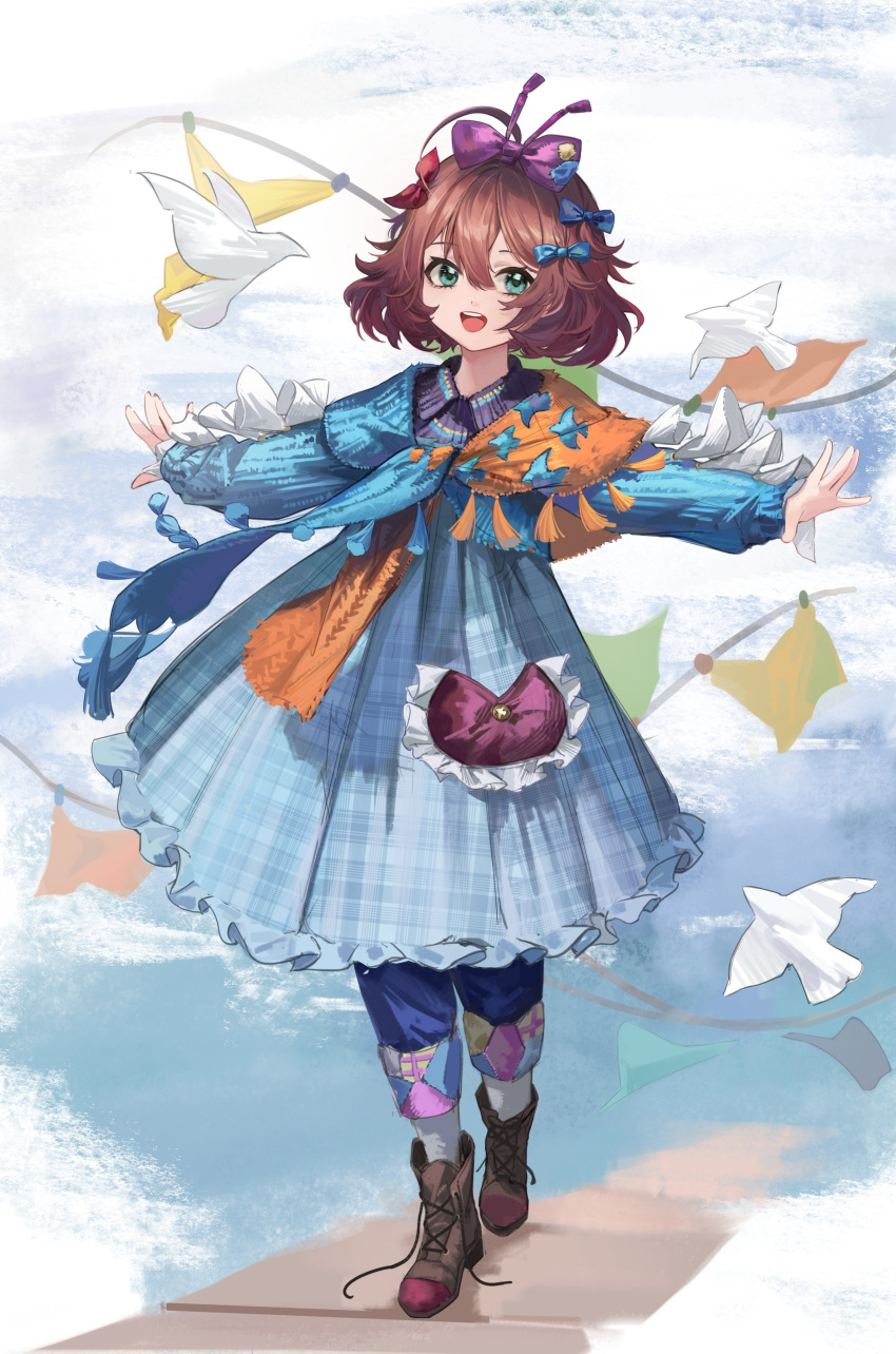 Safebooru - 1girl :d absurdres ahoge ankle boots aqua eyes bird blue bow blue dress blue pants ...