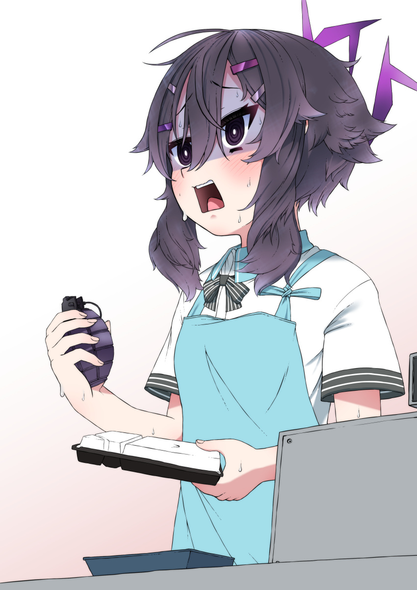 Safebooru - 05 eyes x 1girl absurdres angel's 24 uniform (blue archive) apron black eyes black ...