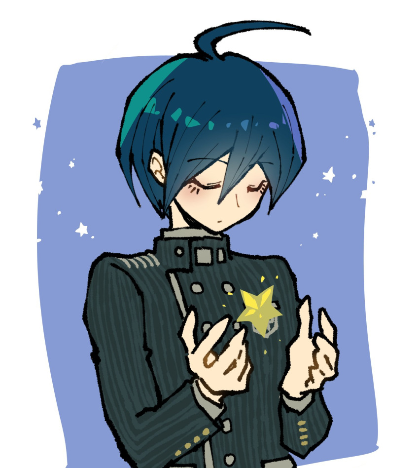 Safebooru - 1boy ahoge black jacket blue background border closed eyes danganronpa (series ...