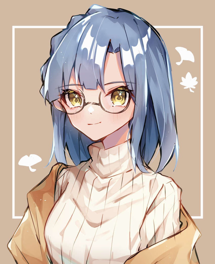 Safebooru - 1girl arupi025 bespectacled black-framed eyewear blue hair blush breasts brown ...