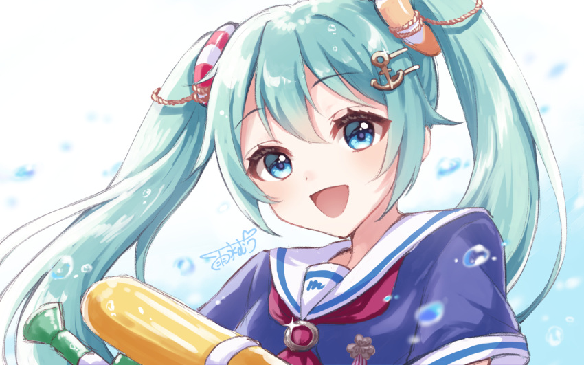Safebooru - 1girl :d air bubble anchor hair ornament aqua hair blue background blue eyes bubble ...