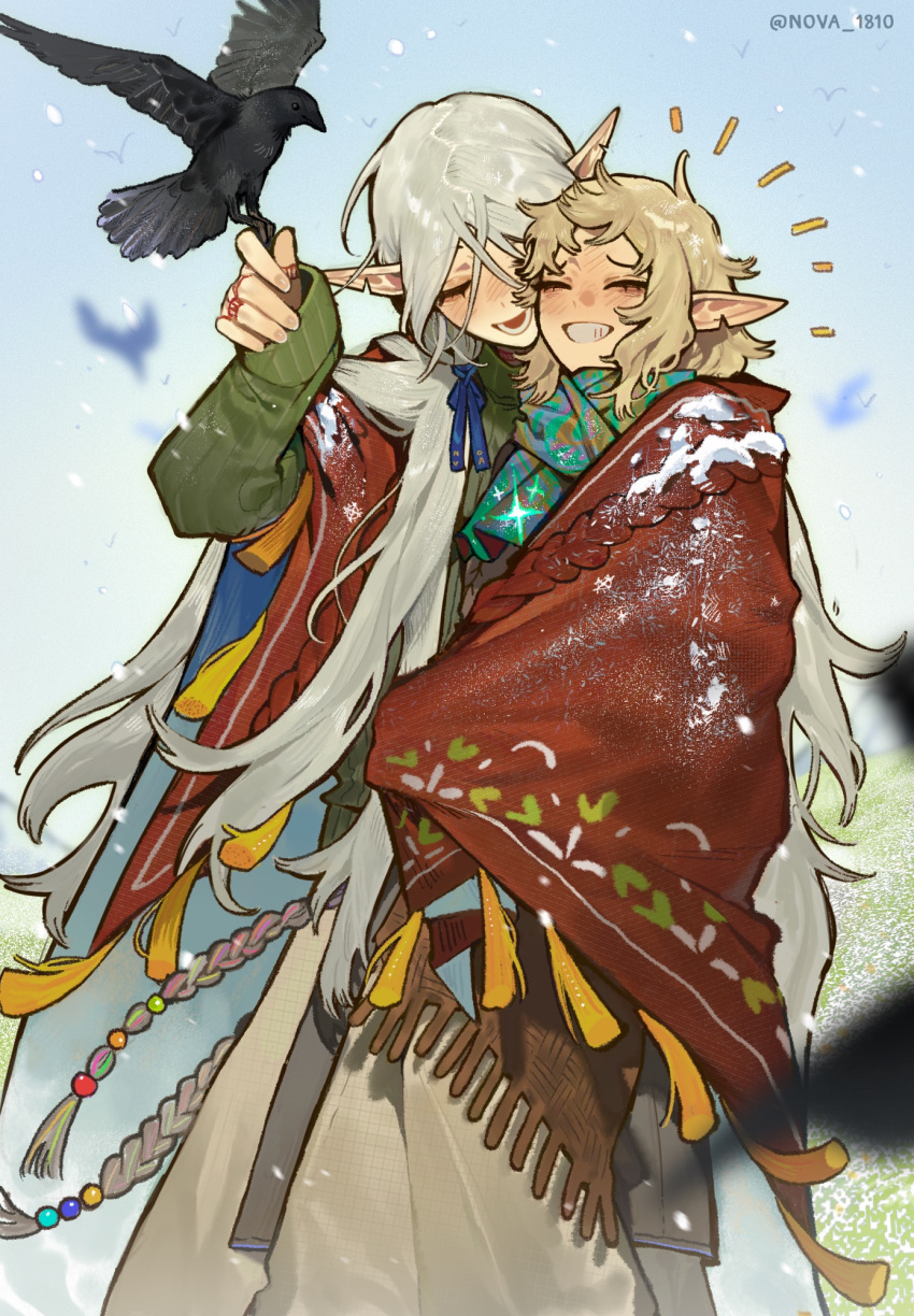 Safebooru - 1boy 1girl bird bird on hand black bird blonde hair blush ...