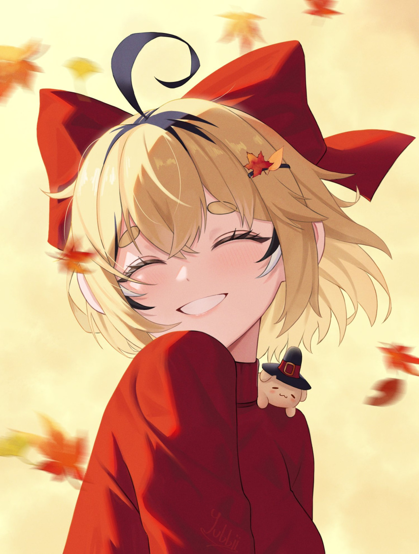 Safebooru - :3 ahoge animal on shoulder autumn leaves blonde hair bow ...