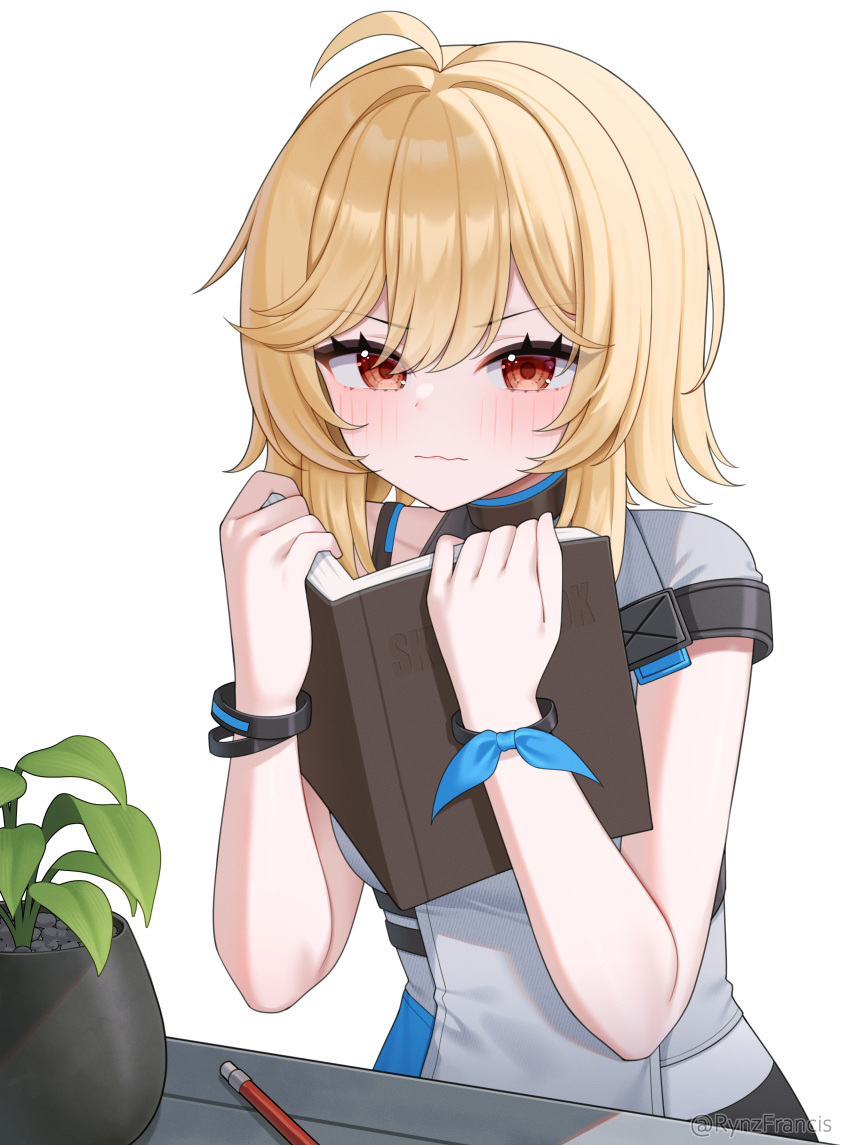 Safebooru - 1girl absurdres blonde hair blush book bracelet closed mouth commentary english ...