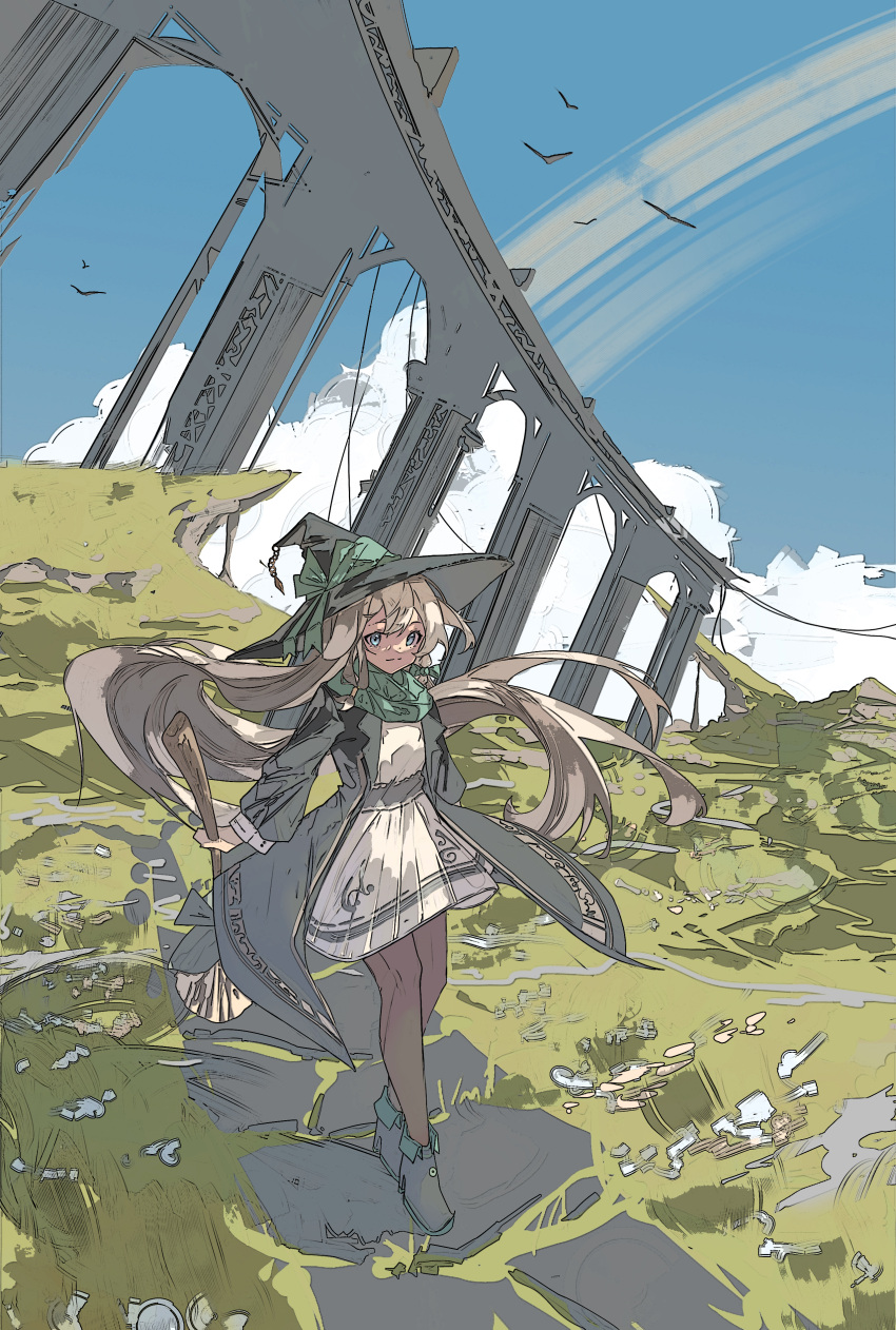 Safebooru - 1girl absurdres black coat boots bow braid brown hair brown pantyhose closed mouth ...